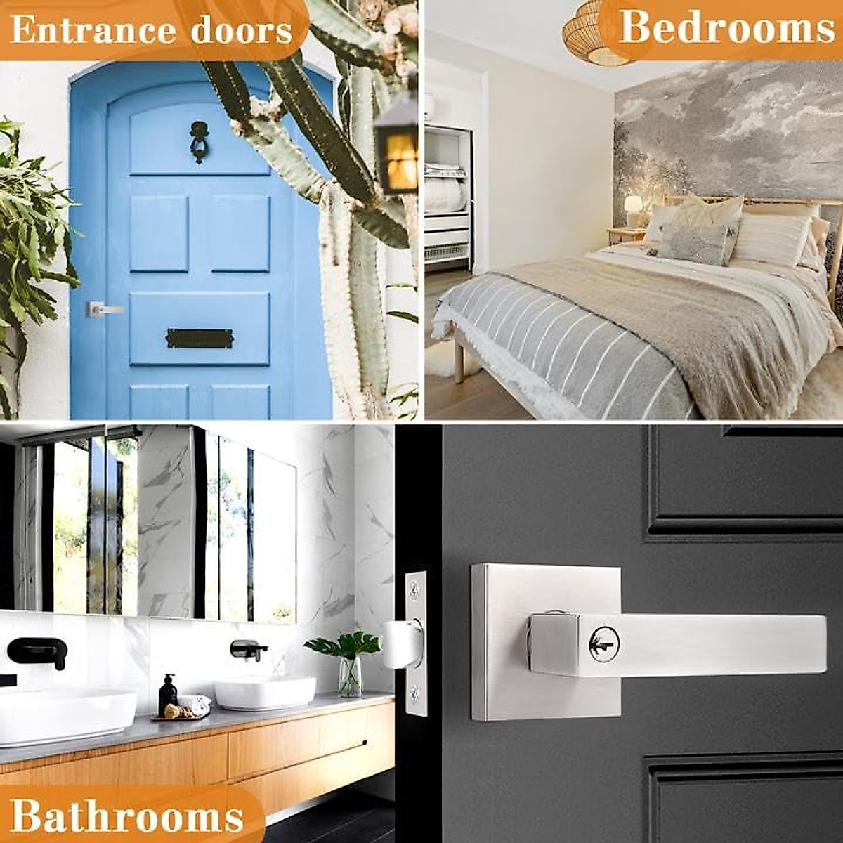 Probrico Satin Nickel Square Door Levers Keyed Alike, Heavy Duty Entry Levers with Lock and Keys, Keyed Locksets for Front Door Bedroom Office, 3 Pack