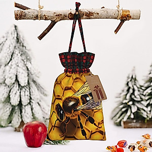 EVANEM Christmas Gift Bags with Drawstring Burlap Gift Bags Honeybee Christmas Linen Bags for Xmas Party Candy Bags with Cards Xmas Reusable Wrapping Bags Christmas Linen Treat Bags for Holiday