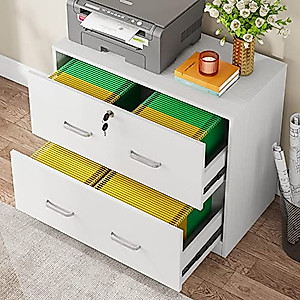 LITTLE TREE Lateral File Cabinet with 2 Drawers, 31.5 Inches Large Filing Cabinet for Hanging Letter/Legal/F4/A4 Size Files with Lock, Home Office, White