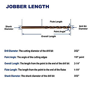 3/32-Inch Cobalt Steel M35 Jobber Length Twist Drill Bits for Hard Metal, Stainless Steel, Pack of 12