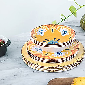 12 Piece Melamine Dinnerware Sets Service for 4 - Includes 4 Dinner Plates 4 Salad Plates and 4 Bowls Made of A5 Melamine Use at Home & Outdoor Dining, Picnic, Camping and Rvs - Mayan Style Yellow