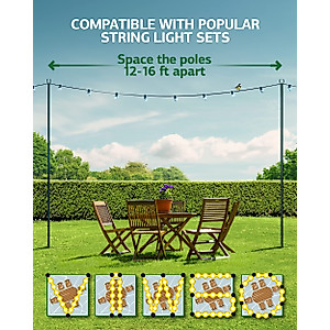 BACKYARD THERAPY Outdoor String Light Poles - 9ft Pole for Hanging Lights Outside - Galvanized & Powder Coated - Secure Ground Grip Stand - Garden, Deck, or Patio Area Lighting (2-Pack)