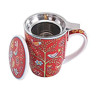 Bico Red Spring Bird 12oz Porcelain Tea Mug with Infuser and Lid, Microwave & Dishwasher Safe