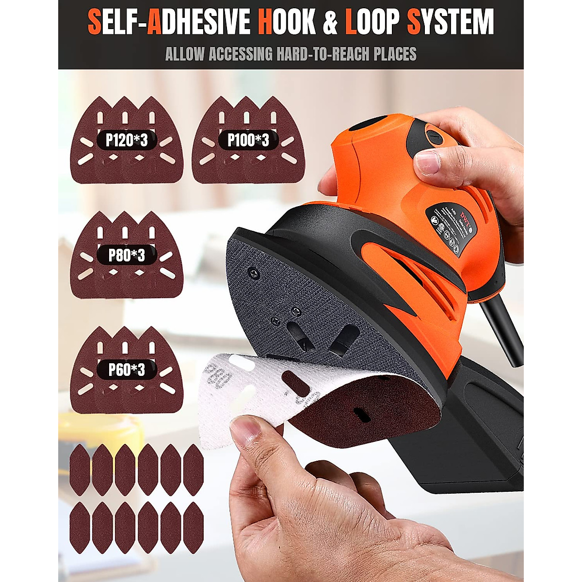 DWT Detail Sander, 1.5A 15000 OPM Electric Sander with 24pcs Sandpapers, Efficient Dust Collection System & Detail Finger Attachment, Soft Grip Handle, Compact Hand Sander for Woodworking