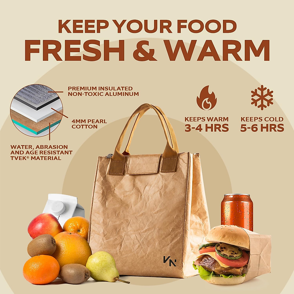 VonNova Lunch Bag Women, Lightweight and Water-Resistant Tyvek® Material, 1 Stainless Spork and pouch, Easy to clean Reusable Lunch Bag, Lunch box for Women, Lunch Tote, Insulated Lunch Bags for Women