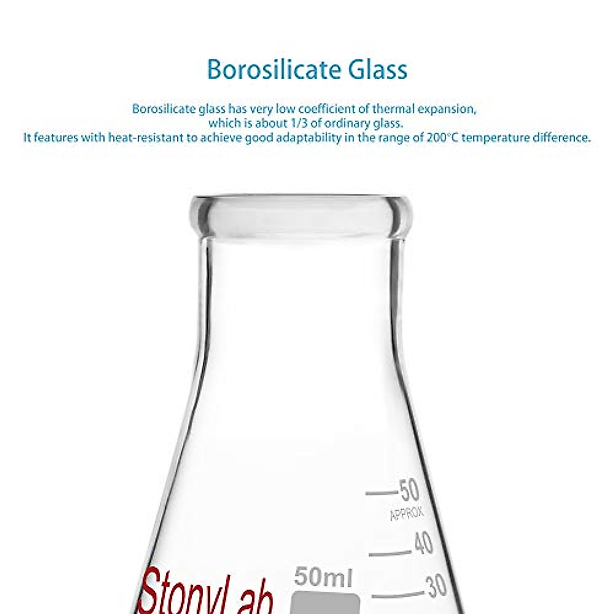 stonylab 1-Pack Glass 50 ml Heavy Wall Narrow Mouth Erlenmeyer Flasks with Heavy Duty Rim - (50ml Fits with StonyLab 4# Rubber Stopper)