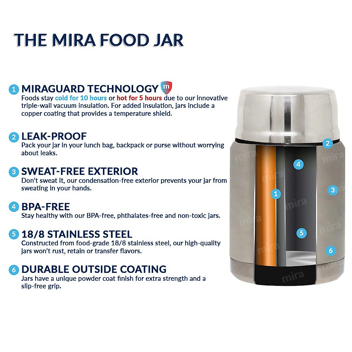 MIRA Lunch, Food Jar - Vacuum Insulated Stainless Steel Lunch Thermos with Portable Folding Spoon - 15 oz (450 ml) - Hawaiian Blue