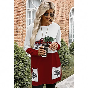 GLIGLITTR Women Christmas Shirt Xmas Tree Truck Crewneck Sweatshirt Plaid T-Shirt Dress Long Sleeve Blouse Pullover Tops(Truck,Large)