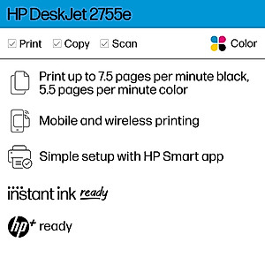 HP DeskJet 2755e Wireless Color All-in-One Printer with bonus 6 months Instant Ink (26K67A)