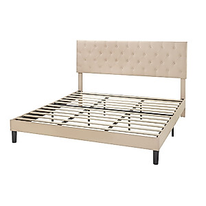 Allewie King Bed Frame with Adjustable Headboard/Diamond Stitched Button Tufted/Fabric Upholstered Platform Bed Frame/Wood Slat Support/No Box Spring Needed/Easy Assembly, Beige