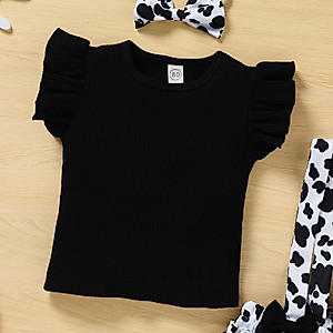 ZOELNIC Baby Girls Summer Clothes Knit Short Sleeve Top Bowknot Suspender Cows Print Ruffle Bloomer Headband Outfit Sets (Black, 6-12 Months)