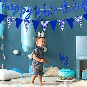 Spakon Glitter Half Birthday 6 Months Happy Birthday Banner Set Happy 1/2 Birthday Baby Boy Girl 1/2 Half Year Cake Topper Triangle Flag Banner 1/2 Birthday Crown Hat Bow Tie (Dark Blue)