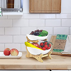 PROLEE 3 Tier/2 Tier Ceramic Fruit Bowl with Bamboo Wood Stand, Large Fruit Basket for Kitchen, Ceramic Serving Tray Set for Sushi, Dessert, Fruit,Cake, Candy (2 Tier)
