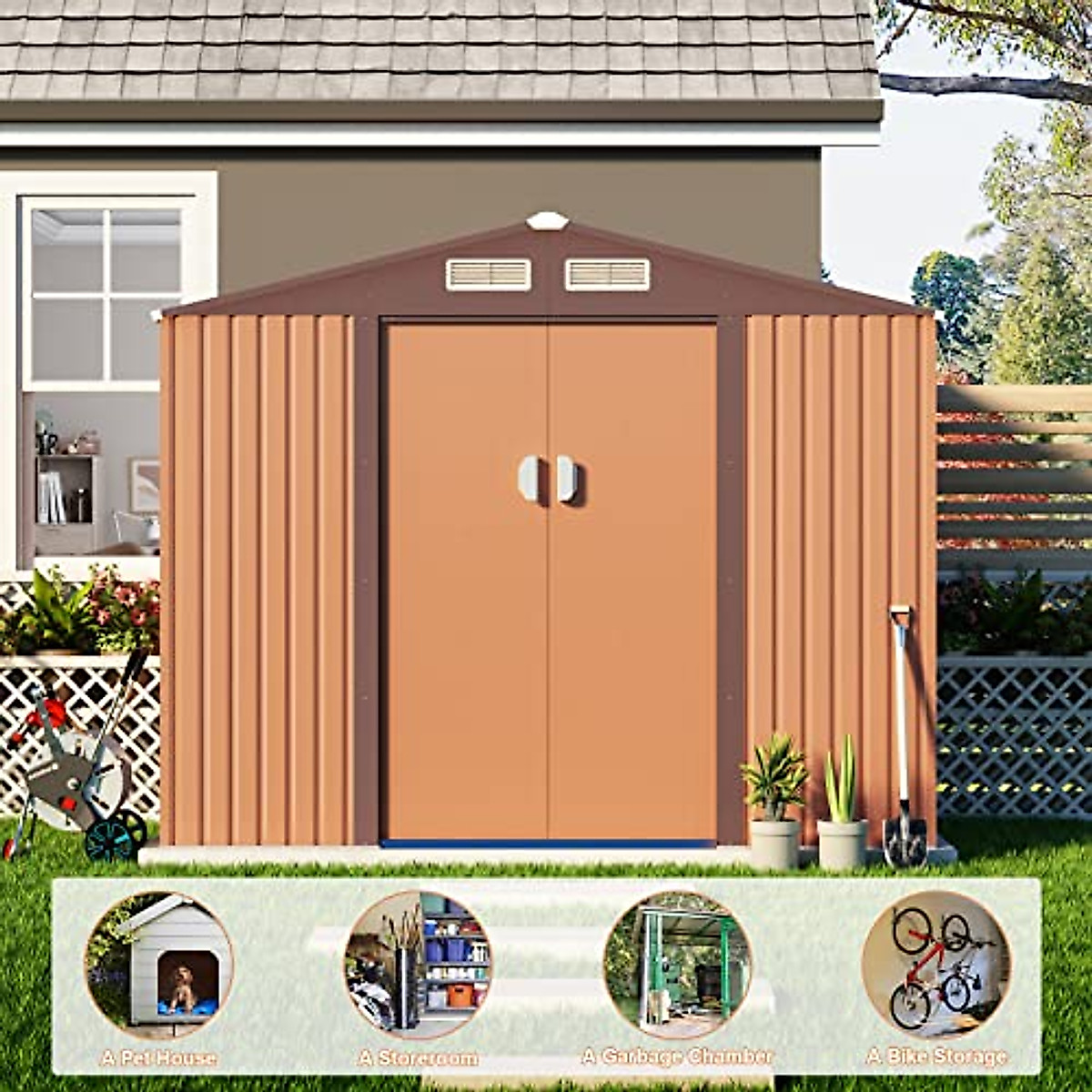 HOGYME 9.1' x 6.3' Storage Shed, Sheds & Outdoor Storage with Double Sliding/Lockable Door, Metal Tool Shed for Garden Backyard Patio Lawn, Coffee