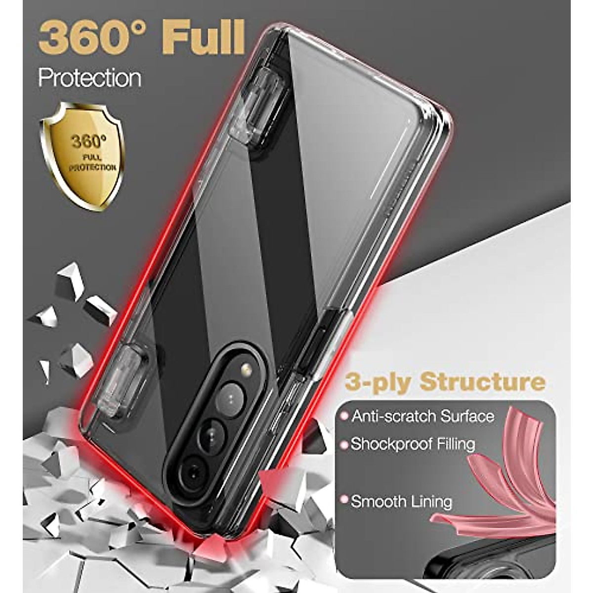 SURITCH for Samsung Galaxy Z Fold 3 Clear Case, [Hinge Protection with Pen Holder] Full Body Protection Bumper Shockproof Rugged Phone Cover with Built-in Screen Protector -(with Pen Holder)