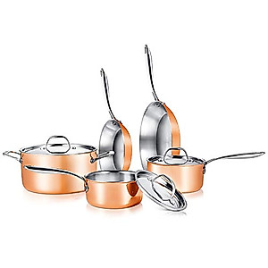 NutriChef 8 Pcs. Stainless Steel Kitchenware Pots & Pans Set Stylish Kitchen Cookware w/Cast SS Handle, Tri-Ply Authentic Copper, for Saucepan, Casserole, Frying Pan, Lids NCCW8SS, WHITE SILVER
