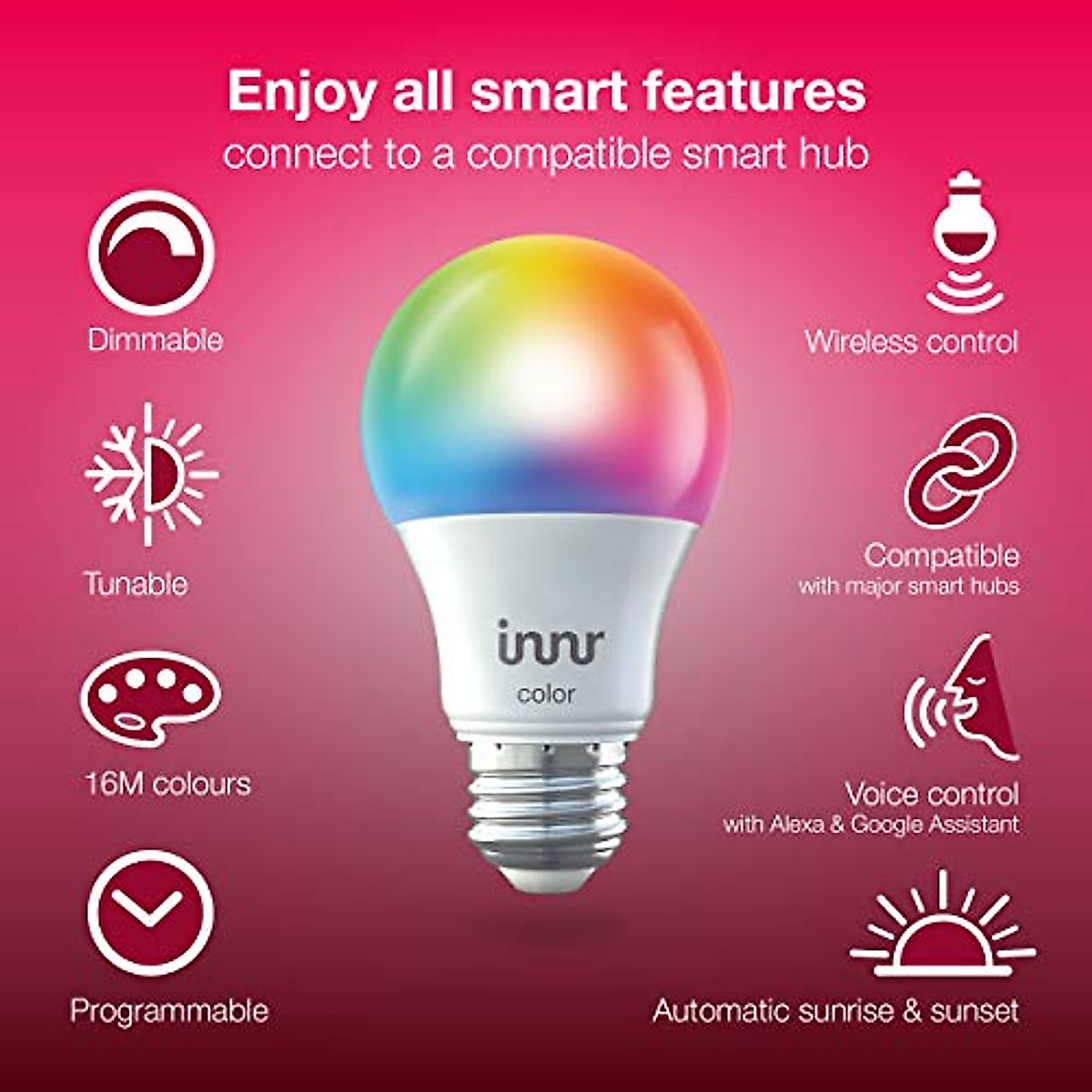 innr Color Smart Bulb A19, Works with Philips Hue, Alexa, Hey Google, SmartThings (Hub Required), Zigbee, Lights, Dimmable RGBW LED Light Bulbs A19 with E26 Base, 60W Equivalent, 2-Pack, AE 280 C-2