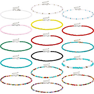 Hicarer 16 Pcs Beaded Choker Necklace Boho Women Bohemian Seed Beads Choker Colorful Bead Necklace for Women(Classic)