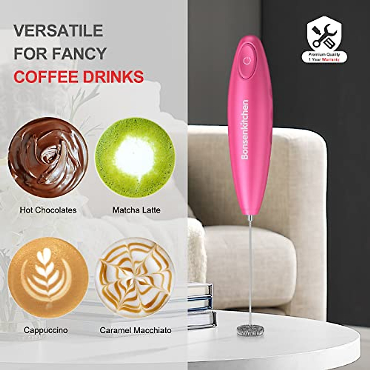 Bonsenkitchen Milk Frother Handheld, Automatic Milk Foam Maker Hand Frother for Coffee, Matcha, Hot Chocolate, Battery Operated Mini Drink Mixer-Hot Pink