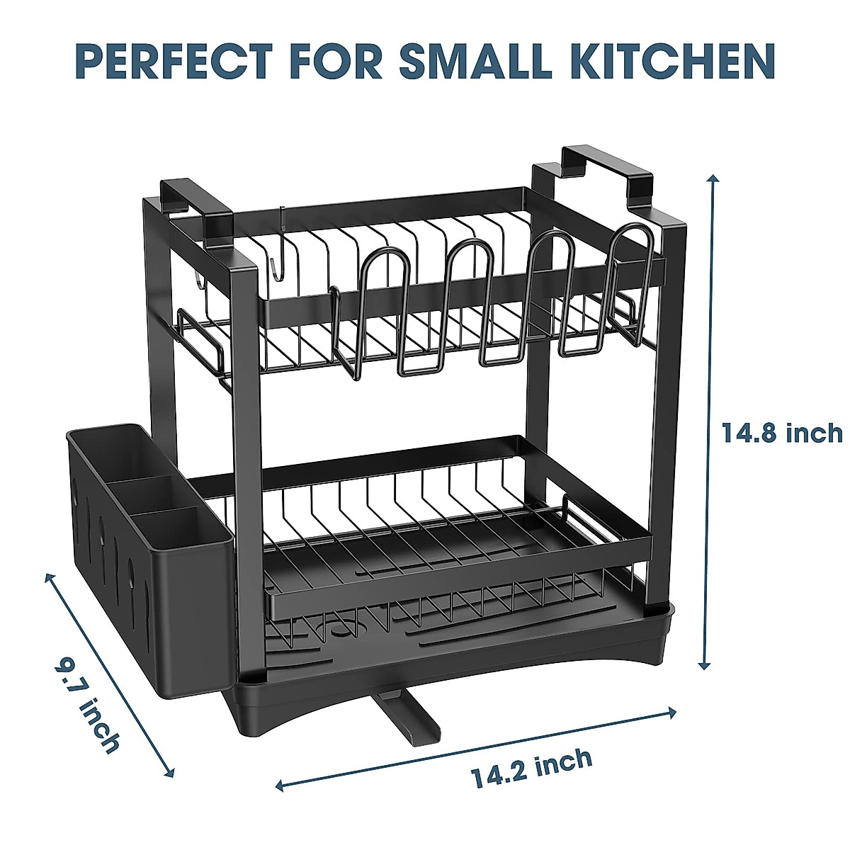 Squish Dish Drying Rack, 2-Tier Rustproof Dish Rack with Drainboard, Large Dish Drainer for Kitchen Counter with Utensil Holder, Cutlery Holder, Cup Holder, Cutting Board Holder