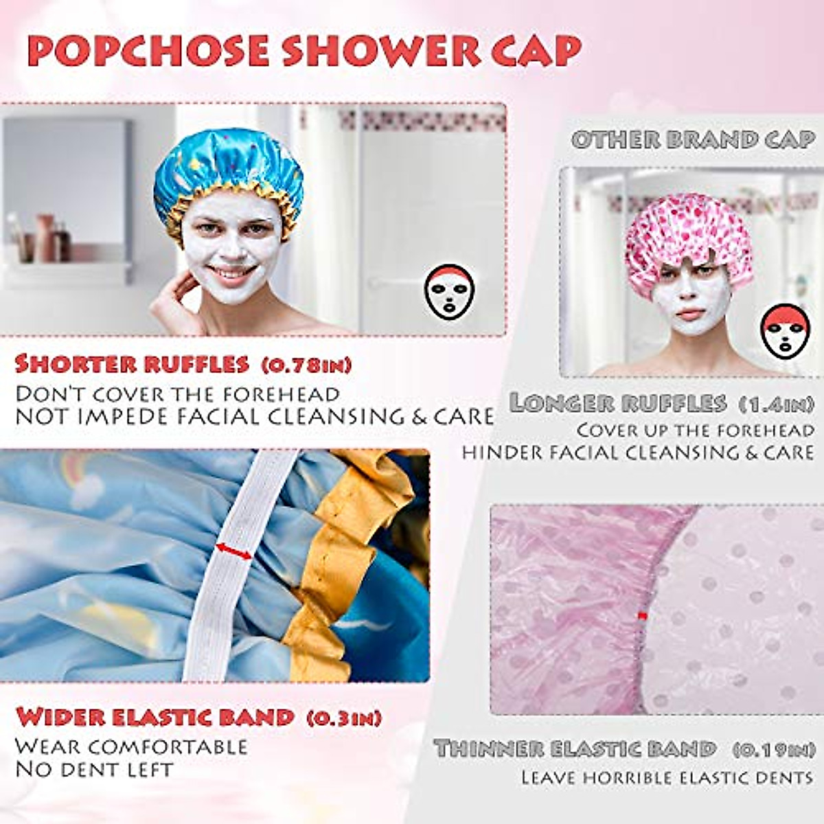 POPCHOSE Shower Cap, Large Shower Caps for Women Long Hair, Reusable Double Layer Waterproof Shower Hair Bath Cap, Stylish Satin Hair Bonnet, Soft Comfortable EVA Lined Shower Hat for All Hair Length