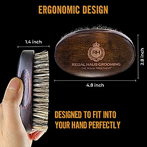 Regal Haus Grooming Premium Barber Quality Boar Bristle Beard and Mustache Brush for Men with Reusable Box- Grooming Care Products for Men - Comb Beard Oil or Balm Through Facial Hair - Military Style