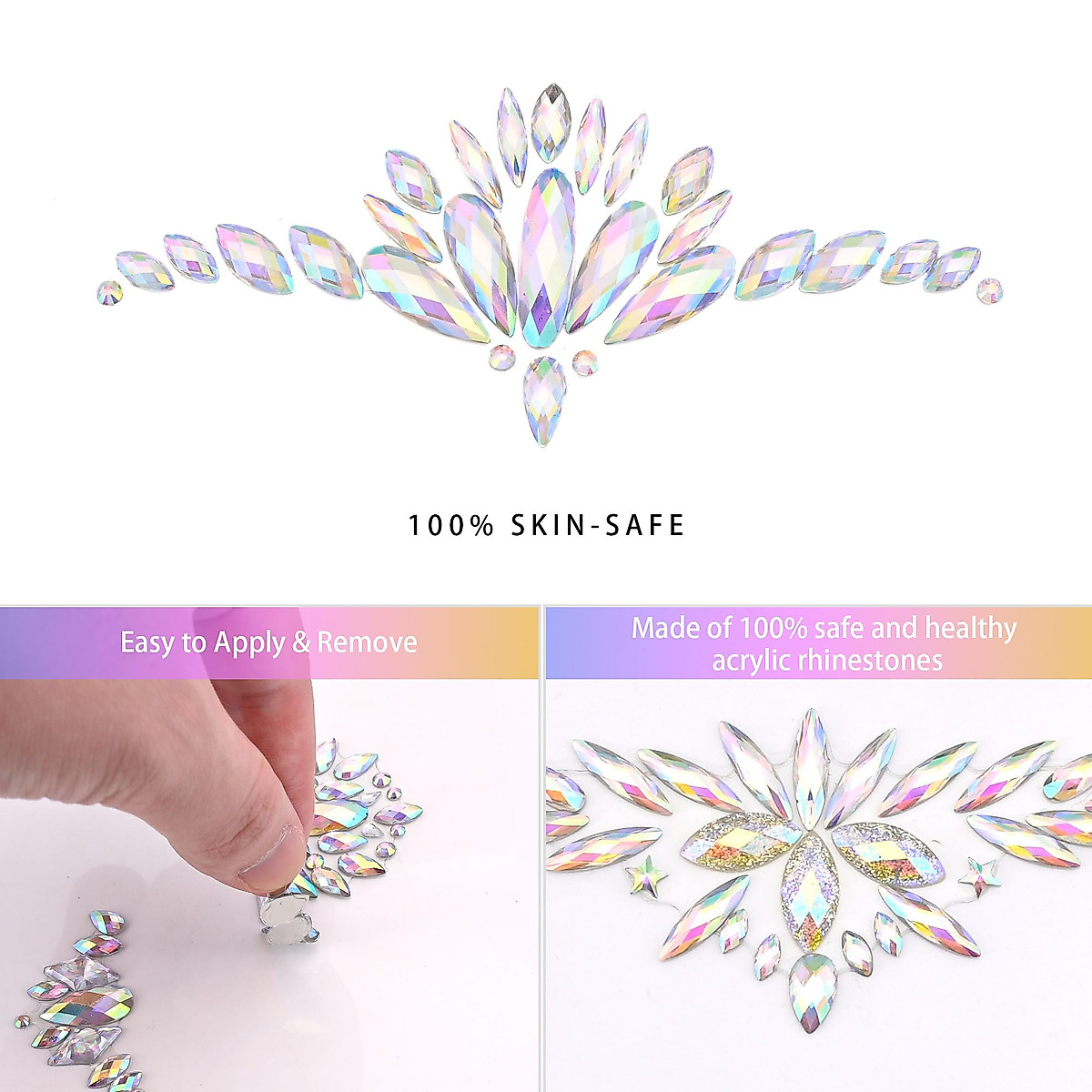 SAOROPEB Face Gems - 6 Sets Mermaid Face Jewels Temporary Tattoo Stickers Acrylic Crystal Glitter Stickers Waterproof Eye Gems Stick On Rainbow Tears Rhinestone for Party, Rave Festival
