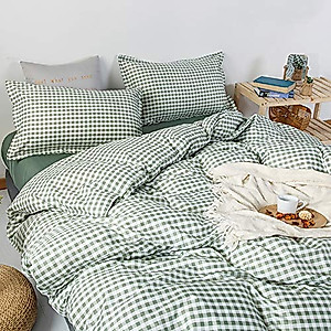 Kimko Green Plaid Bedding Set Checkered Duvet Cover Set for Adults,Soft,Comfortable and Breathable【 4Pcs -1 Duvet Cover Set + 1 Flat Sheet + 2 Pillowcases】