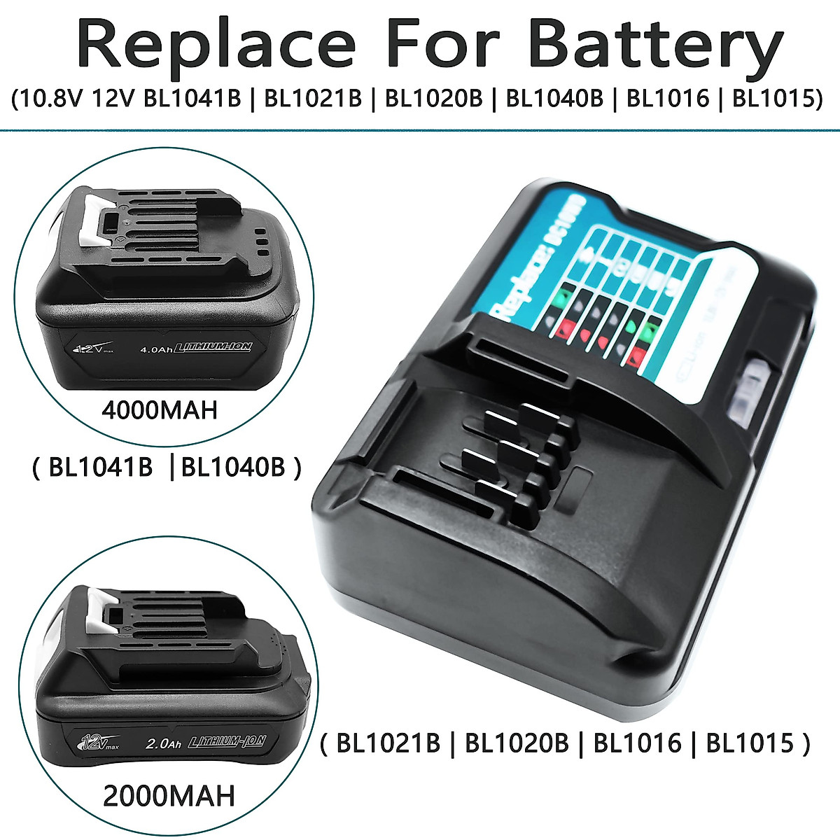 QCZRED 12V 2000mAh BL1021B Li-ion Battery with DC10WD Charger Replace for BL1016 BL1015 BL1020B Replace for Makita Tool DF031D DF0331D TD110D JR103D JR105D HSS01D MP100DZ HP332D DC10SB