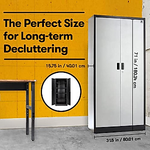 Fedmax Heavy Duty Metal Garage Storage Cabinet - 71-inch Tall Large Steel Utility Locker with Adjustable Shelves & Locking Doors - Garage Cabinets for Tool Storage and Ammo Locker - Black and Silver