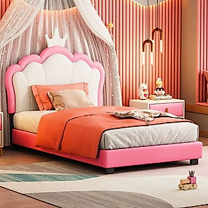 Brabrety Cute Twin Size Upholstered Princess Platform Bed with Crown Headboard and Footboard,for Kids Boys Girls Teens Bedroom Use (White+Pink@Crown, Twin)