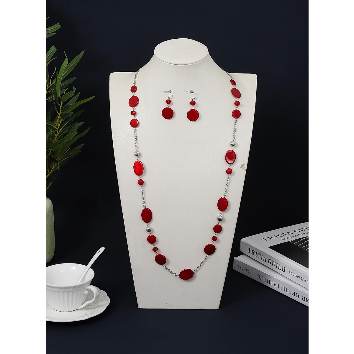 Jules D. Long Link Chain Multi Colorful Red Green Blue Necklace Earring Set Crystal Shell Stone Beads Statement Necklace for Women Gift (Red)