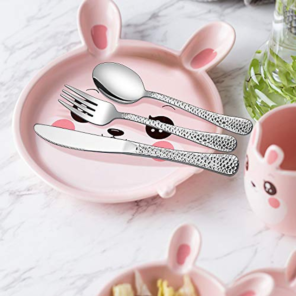 LIANYU 15-Piece Kids Utensils Silverware Set, Stainless Steel Toddler Hammered Flatware Cutlery, Children Tableware Includes Knives Forks Spoons, Dishwasher Safe