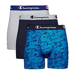 Champion Men's Underwear Boxer Briefs, Everyday Active, Lightweight Stretch, Multi-Pack, Blue Print With Champion Logo/Navy/Silverstone - 3 Pack, Large