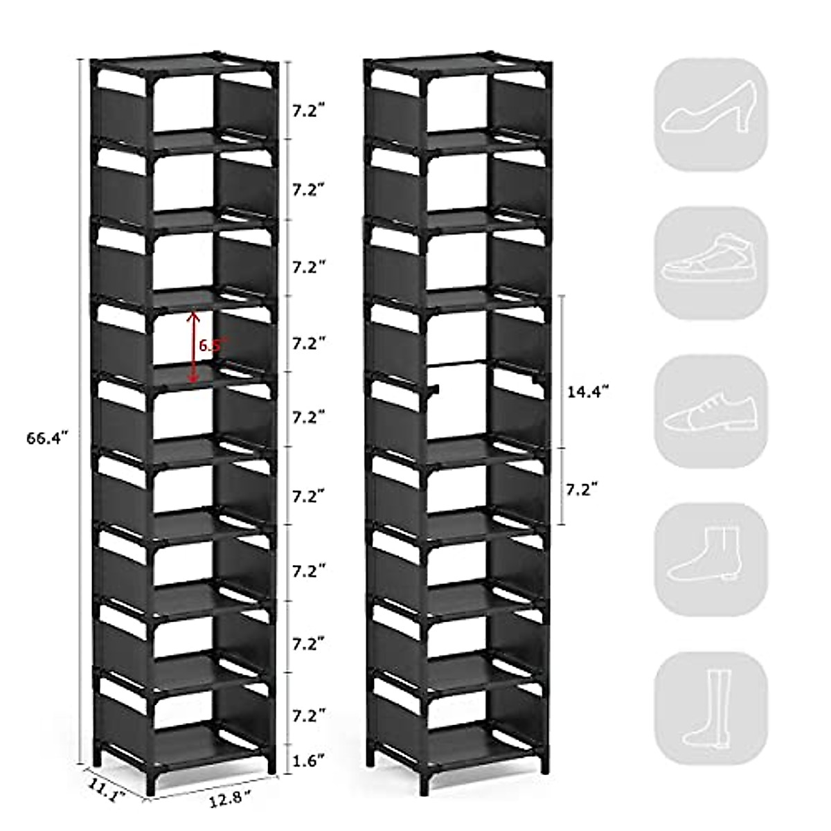 sunvito 10 Tiers Shoe Rack, 10 Pairs Space Saving Shoe Shelf Organizer, Tall Narrow Shoe Rack for Entryway, Closet (Black)