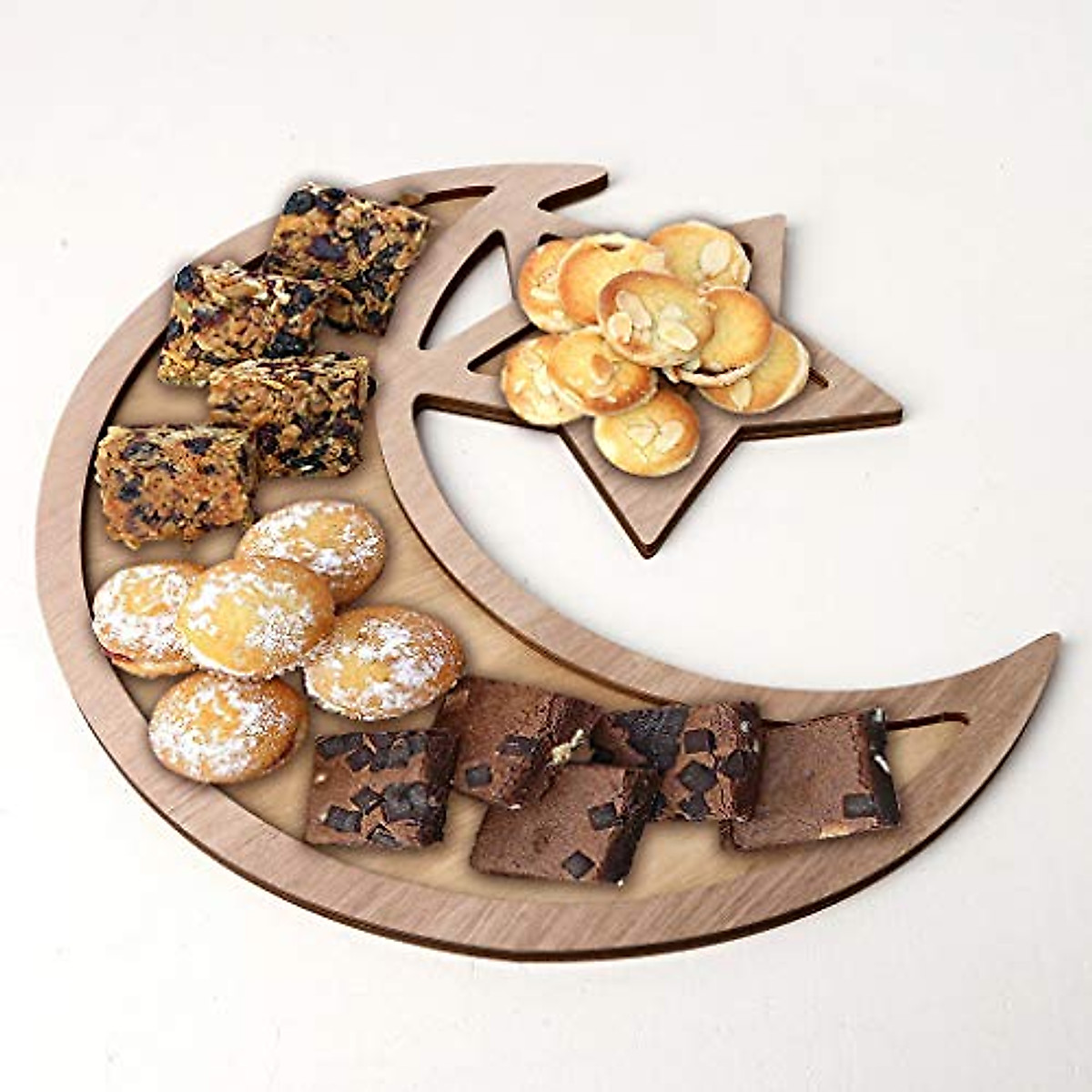 xiuginFU VIVIXIXILAOJH Rustic Wooden Crescent Moon Srar Eid Ramadan Party Food Serving Tableware Dessert Pastry Tray Display Holder Decor Ornament