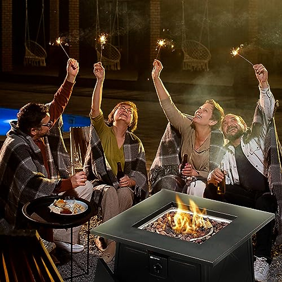 Four Seasons Courtyard Dual Heat 28 Inch Steel Square Gas Outdoor Backyard Tabletop Fire Pit with Lava Rocks and Steel Cover Lid, Black