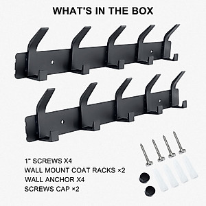 Coat Rack Wall Mounted,5 Coat Hooks for Hanging Coats,Heavy Duty Metal Double Hook Rack Hook Rail,Coat Rack with Hooks,Wall Mount Coat Hanger for Hat Towel Purse Robes ,Black,2Pack (Black2, 5 Hooks)
