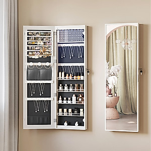 Hzuaneri 8 LEDs Mirror Jewelry Cabinet, 47.2-inch Jewelry Armoire Organizer, Wall/Door Mount Lockable Storage Cabinet with 6 Earrings Shelves, 2 Makeup Pockets, White and Black JC12003B