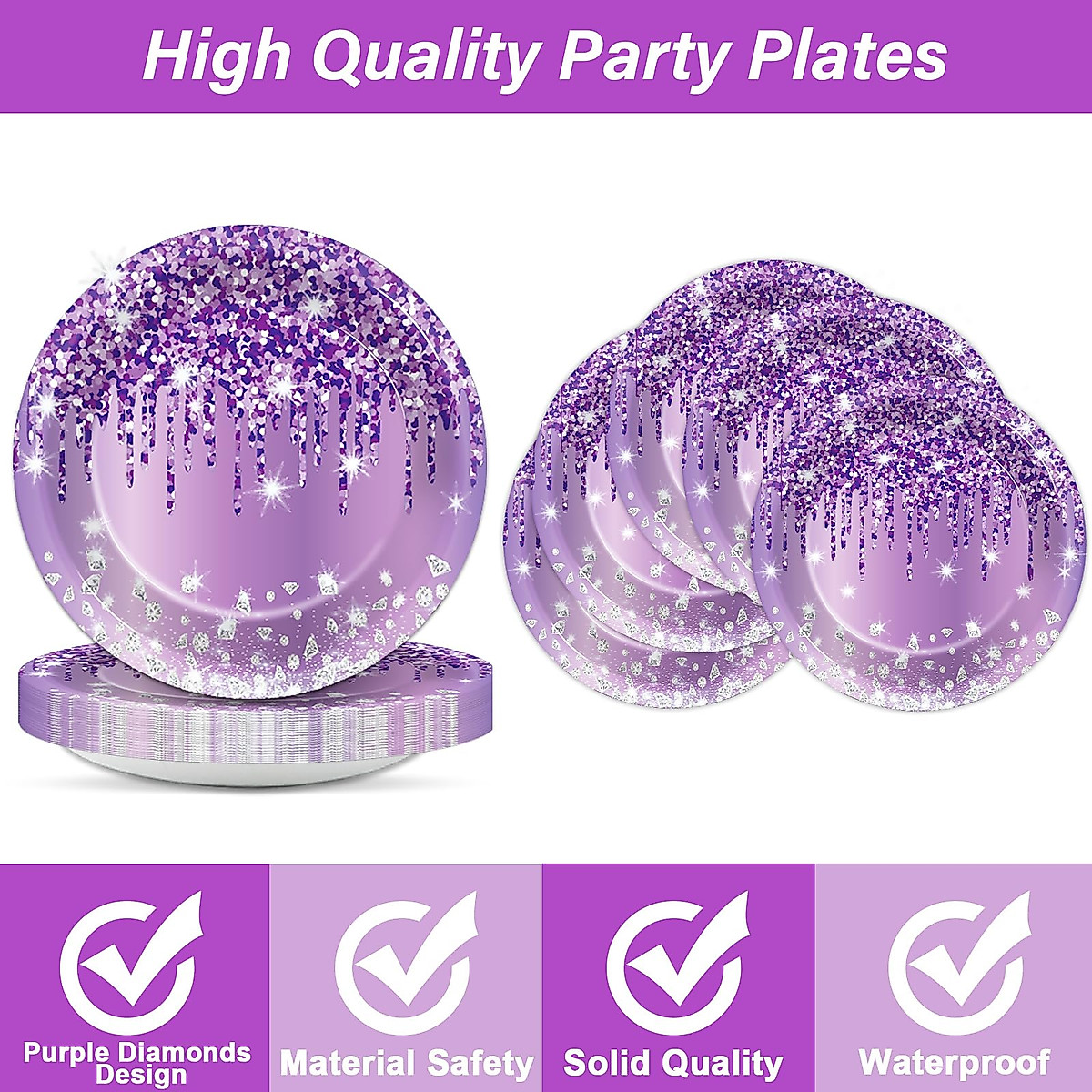200PCS Purple Birthday Party Plates and Napkins Purple And Silver Birthday Party Decorations Purple Silver Party Tableware Set Serves 50 Guests Girls Ladies Women Wedding Birthday Party Favors