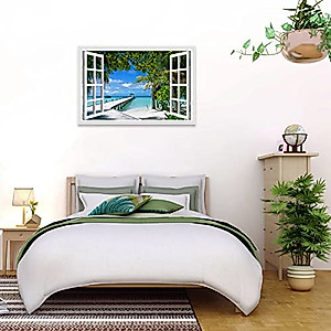 Window Beach Picture Canvas Wall Art Ocean Palm Tree Maldives Nature Landscape with Framed Living Room Blue Decor 36x24