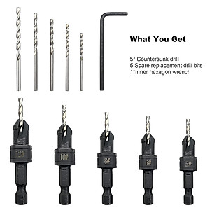82° Countersink Drill Bit Set for Wood, HSS Counter Sinker Drill Bits Set 5-Piece 3/8" Quick Change Adjustable Drill Bits Sink Hole Drilling Tool Kit on Pilot Counter Sink Holes for Woodworking Tools
