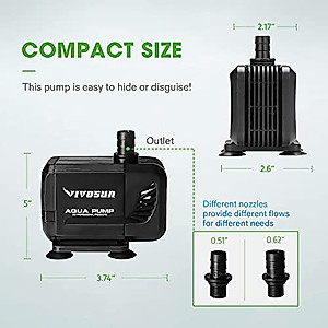 VIVOSUN 400GPH Submersible Pump(1500L/H, 15W), Ultra Quiet Water Pump with 5.3ft High Lift, Fountain Pump with 5ft Power Cord, 2 Nozzles for Fish Tank, Pond, Aquarium, Statuary, Hydroponics
