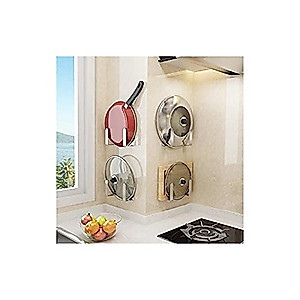ANNGY Pot Lid Holder, Stainless Steel Wall Mounted 3M Self Adhesive Pan Cover Racks (Set of 4) Freely Adjustable Length (Silver)