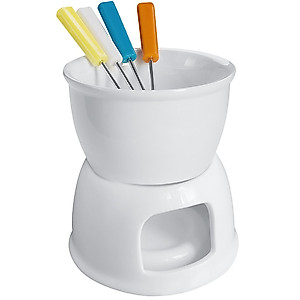 Tebery Fondue Set with 4 Color Forks, Premium Tea Light Porcelain Melting Pot for Cheese, Chocolate and Tapas - White