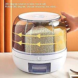 6 Grid Rice & Grain Storage Container, 360° Rotating Dry Food Dispenser Grain Food Storage Box Rice Bucket with Lid Moisture Resistant Household for Home Kitchen (5kg)