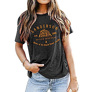 Halloween T Shirt Women Sanderson Letter Print Graphic T-Shirt Hocus Pocus Tees Tops(Grey,Medium)