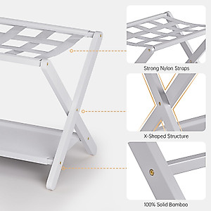 HITNET White Luggage Rack, Set of 2, Folding Suitcase Stand with Storage Shelf, Bamboo Luggage Holder with 5 Nylon Straps for Guest Room Bedroom Hotel