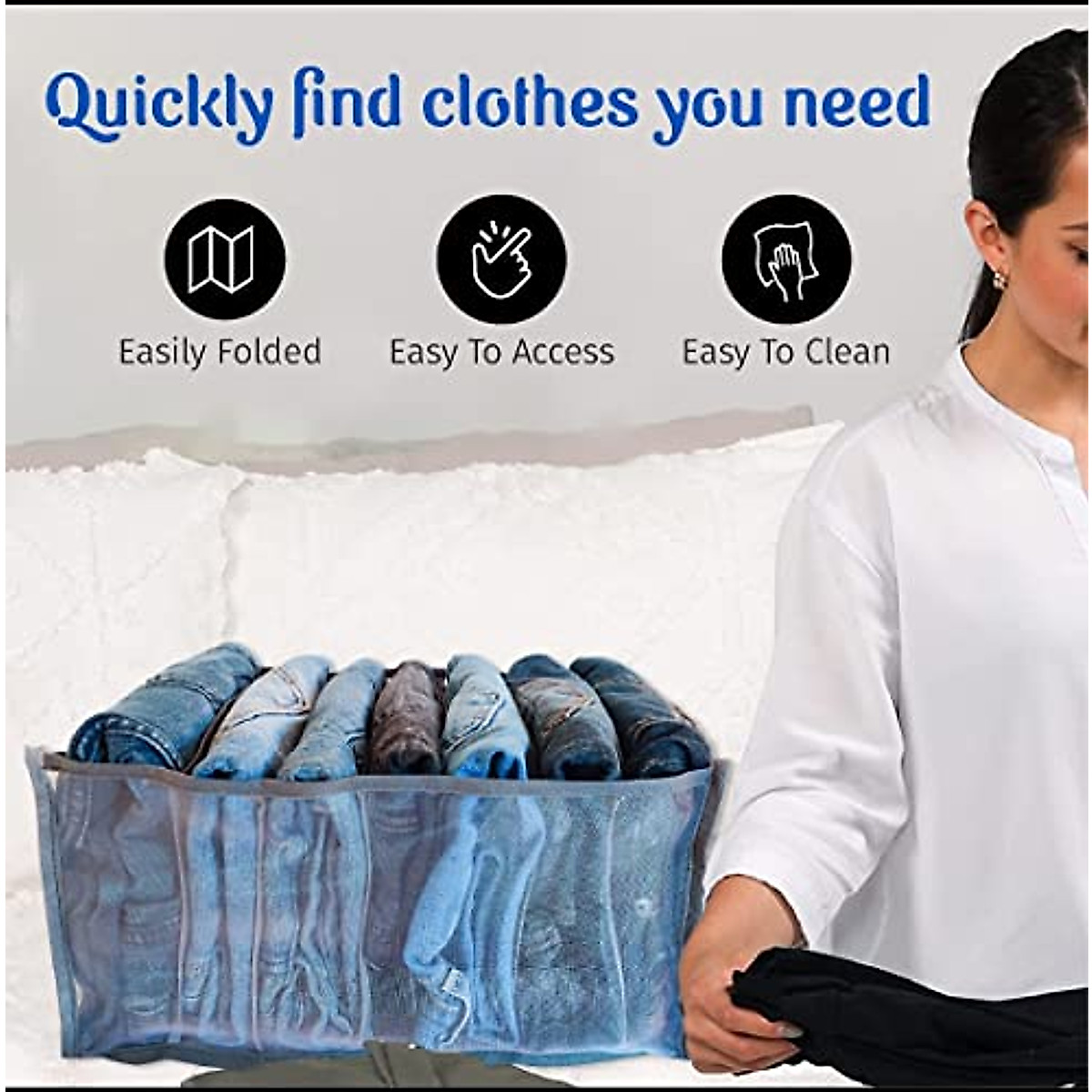 4 pc 7 grids Wardrobe Clothes Organizer , Clothes Organizer For Folded Clothes With Small Bag , Grey Wardrobe Organizer , Pants Organizer , Closet Organization