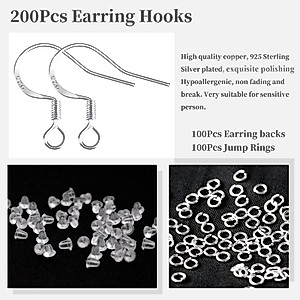 200 PCS/100 Pairs 925 Sterling Silver Earring Hooks Hypoallergenic Silver Ear Wires Fish Hooks with 100 PCS Clear Silicone Earring Backs and 100 PCS Jump Rings for DIY Jewelry Making